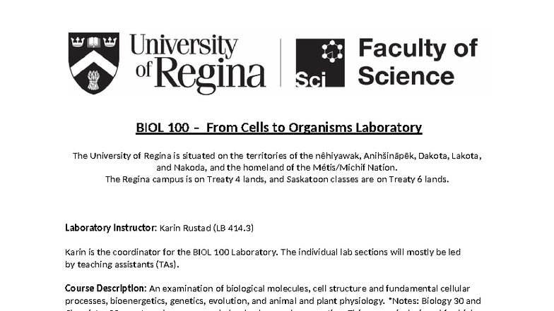 BIOL 100 Lab Syllabus: From Cells to Organisms - Fall 2025 - Studocu
