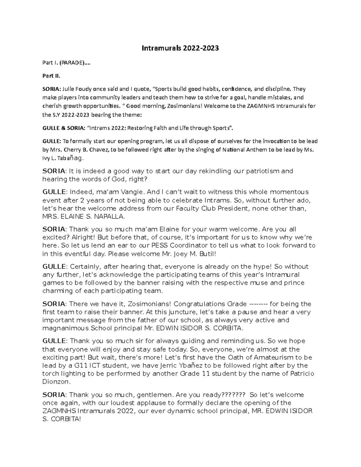 Intramurals-2022-script - Intramurals 2022- Part I. (PARADE).... Part ...