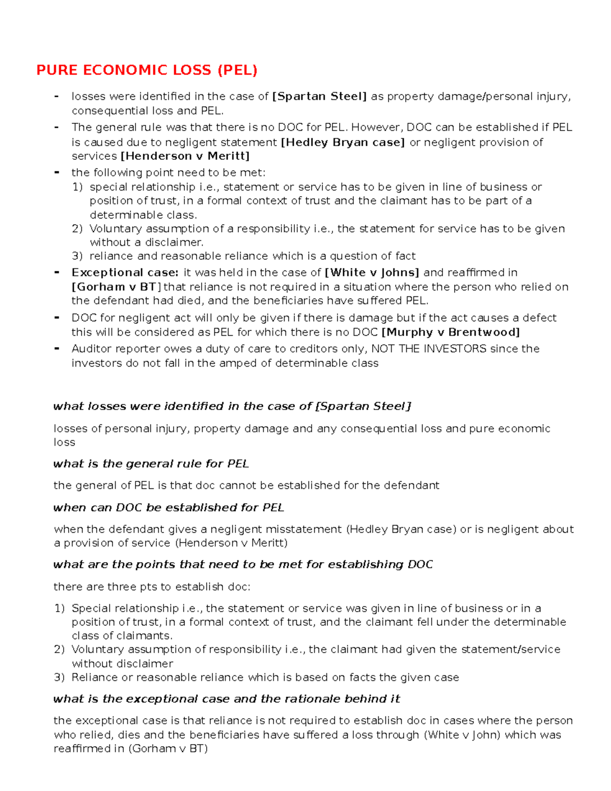 PEL: Understanding Pure Economic Loss and Duty of Care - Studocu