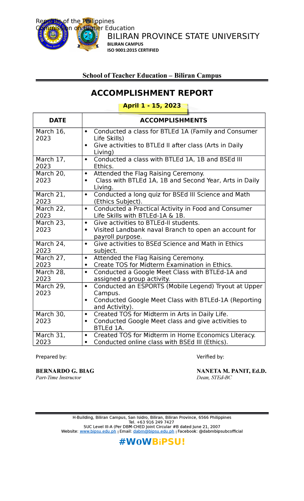 Accomplishment Report Template Format - Republic of the Philippines ...