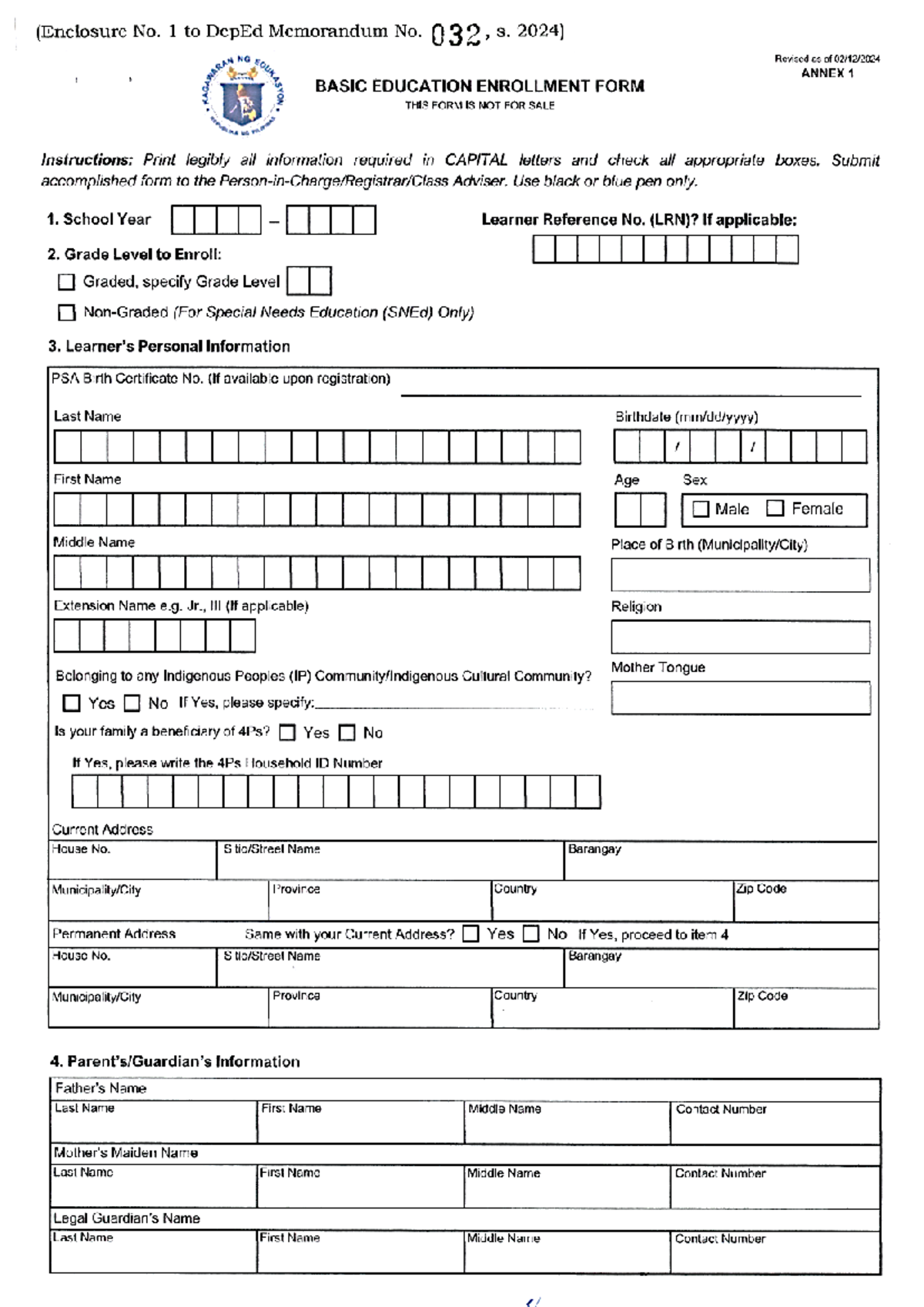 Basic Education Enrollment Form (BEEF) SY 2024-2025 - (Enclosure No. 1 ...
