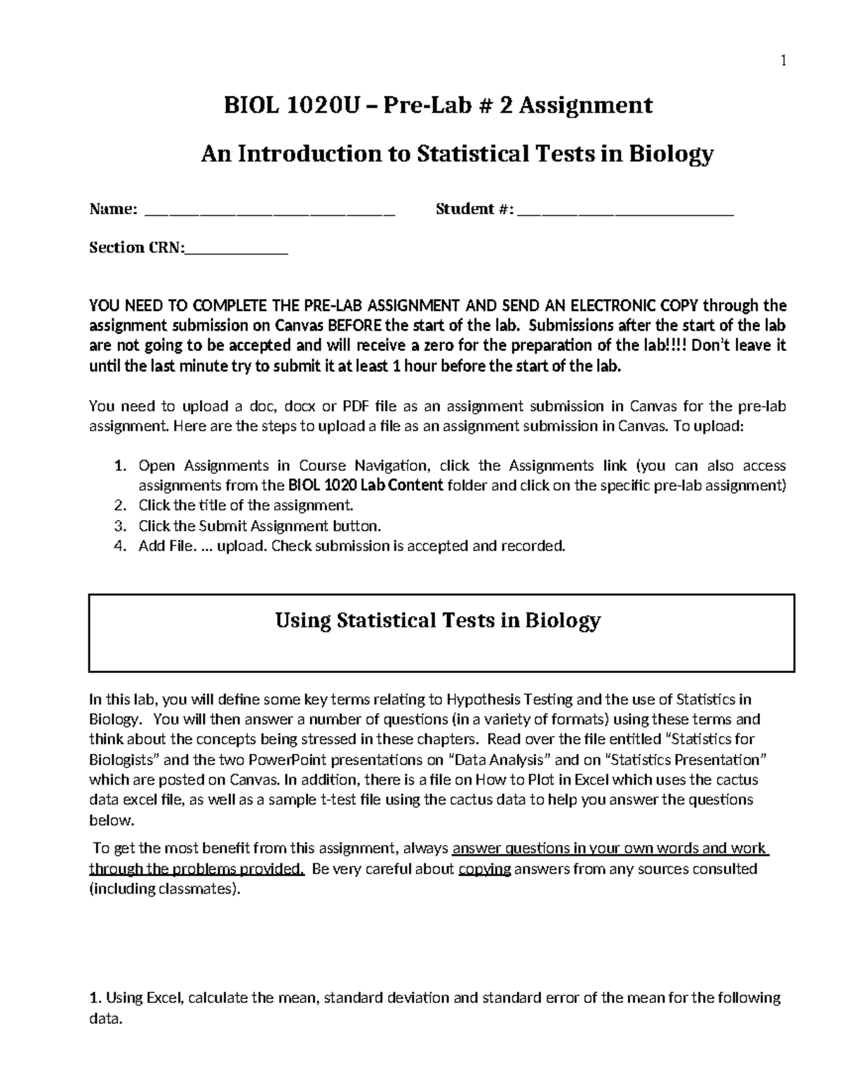 BIOL 1020U Lab 2 Pre-lab Assignment: Statistical Tests in Biology - Studocu
