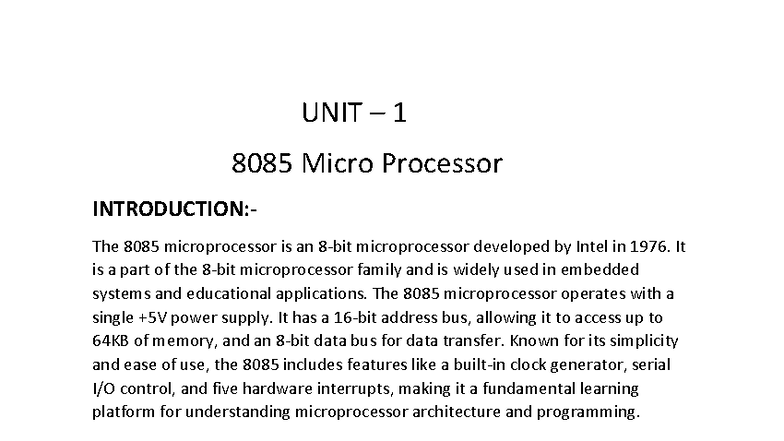 MPMC UNIT-1: Overview of 8085 Microprocessor Architecture and Features - Studocu