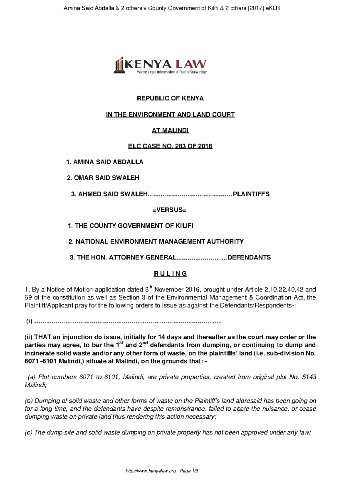 Civil Case ELC 283/2016: Amina Said Abdalla & Others v County Gov. of ...