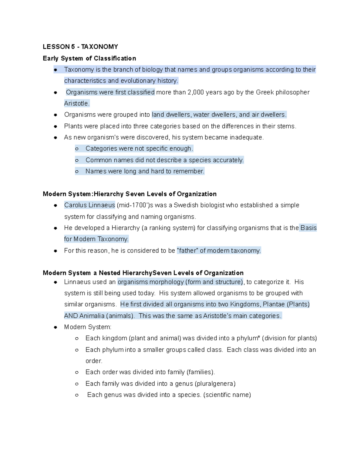 BIO Reviewer Final - LESSON 5 - TAXONOMY Early System of Classification Taxonomy is the branch ...