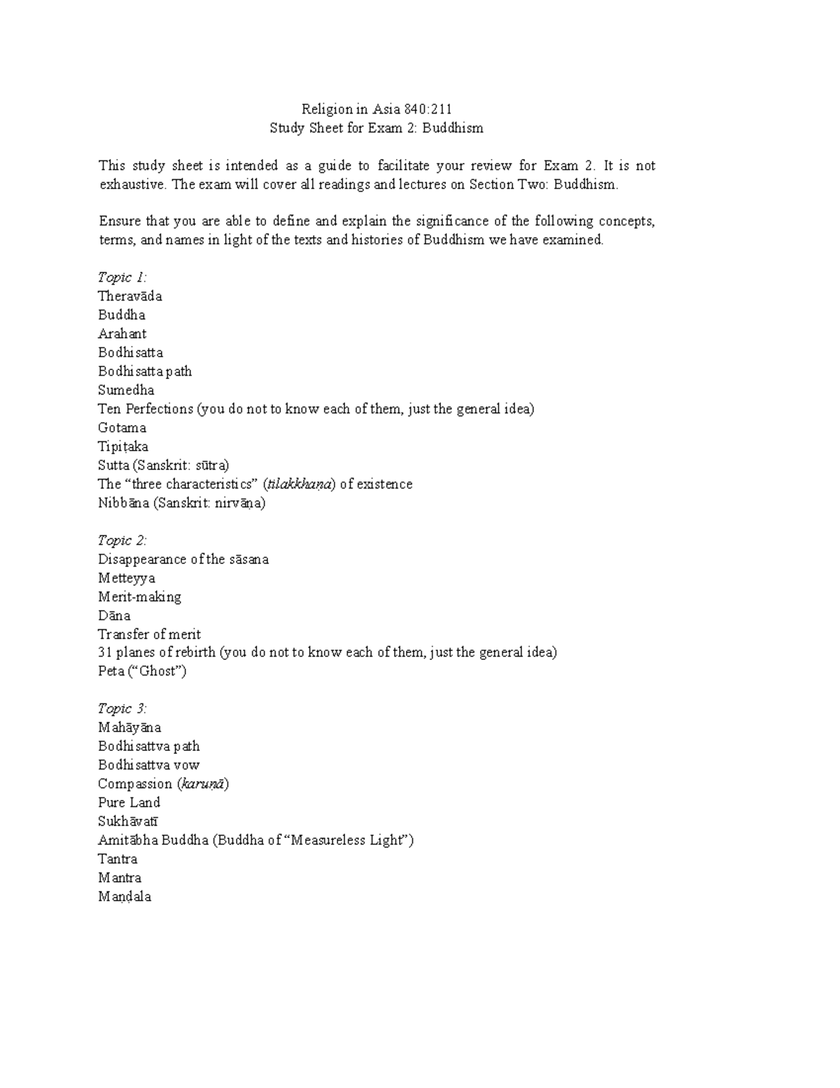 Buddhism Exam 2 Study Sheet - Religion in Asia 840: 211 F24 - Studocu