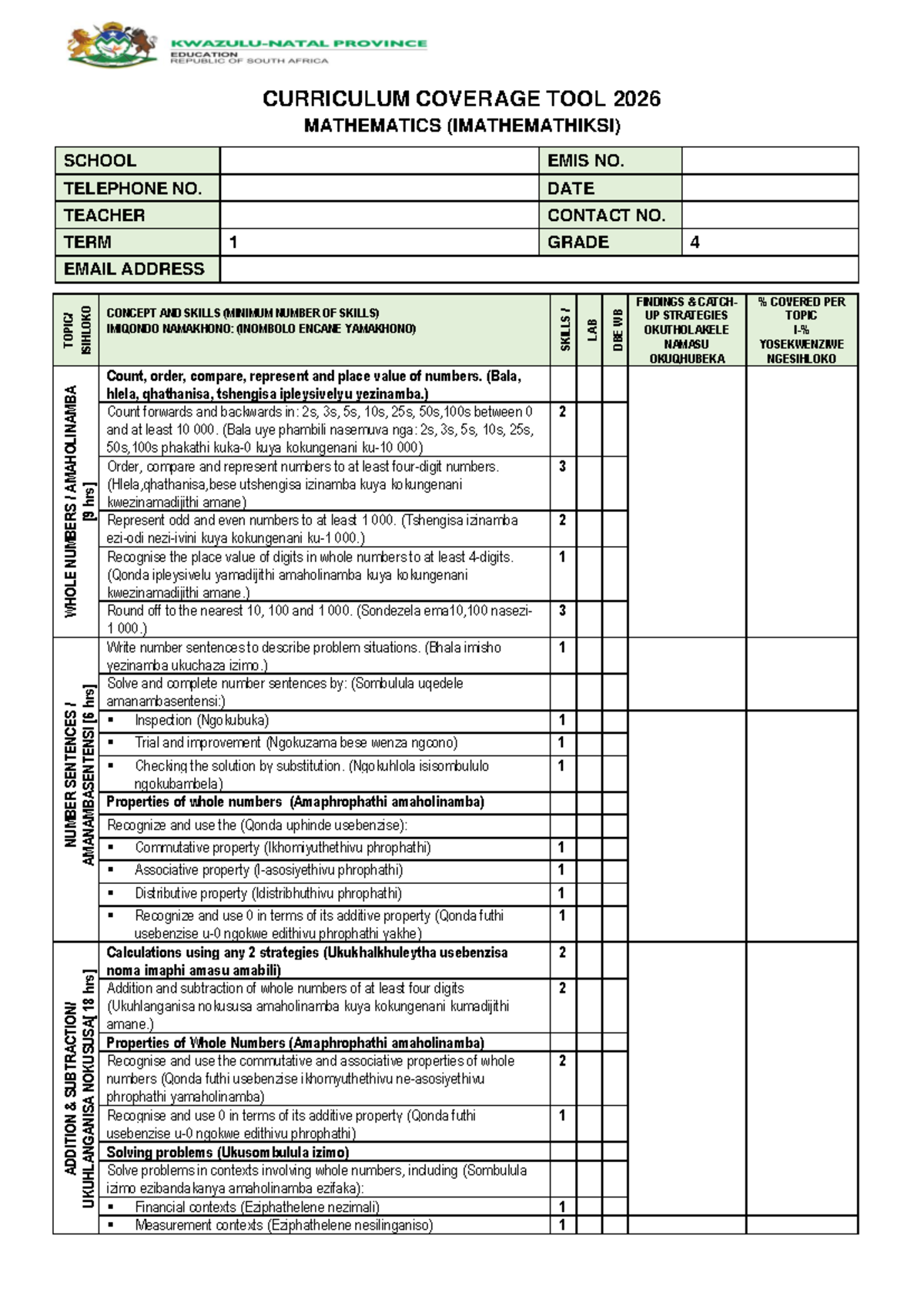 Grade 4 Mathematics Curriculum Coverage Tool 2026 (Term 1) - Studocu