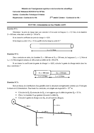 Cours AEP - Module d'alimentation en eau potable (AEP) + exercices d'application - COURS - Studocu