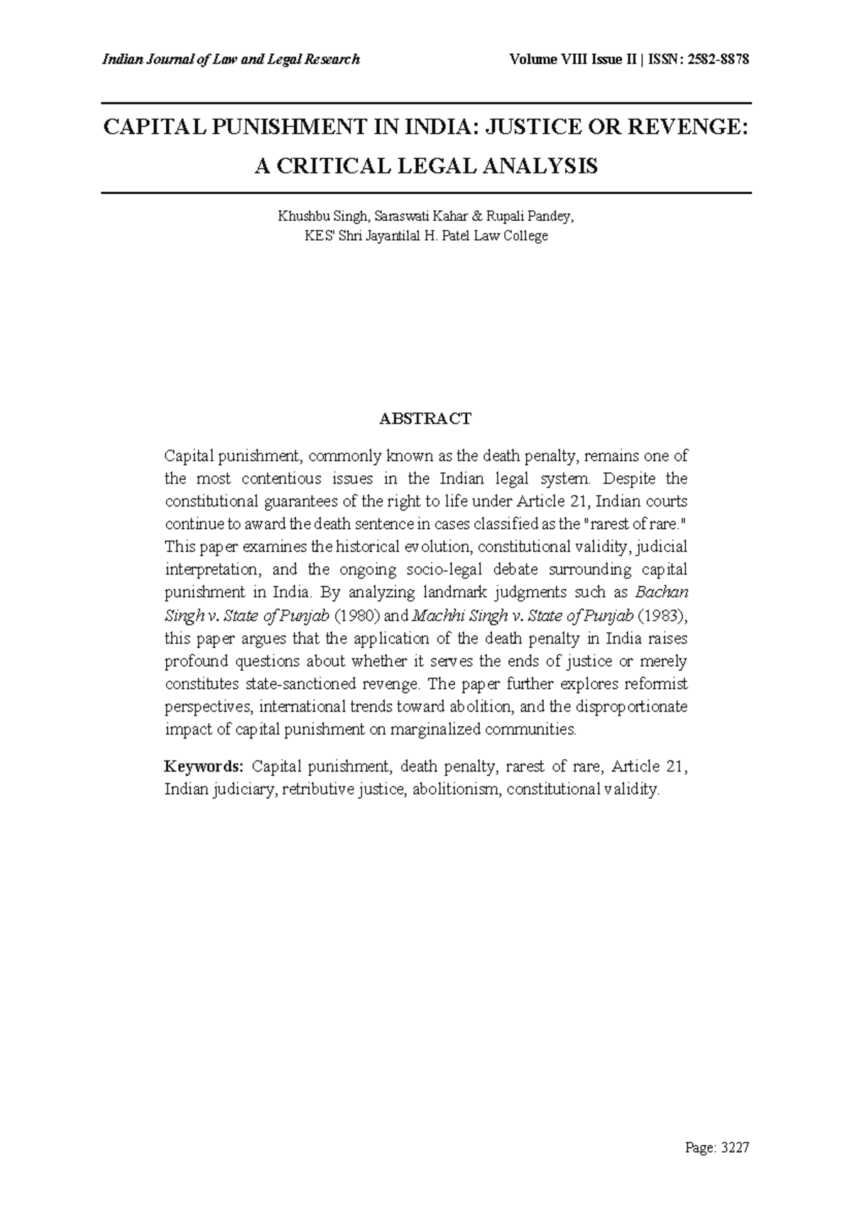 223. Capital Punishment in India: Justice or Revenge? A Critical Legal ...