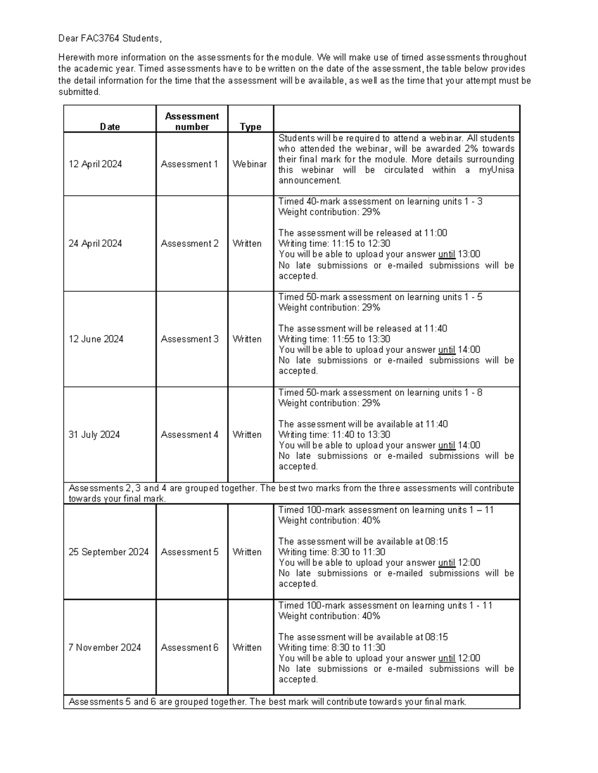 FAC3764 Assessment PLAN 2024 - Dear FAC3764 Students, Herewith more ...