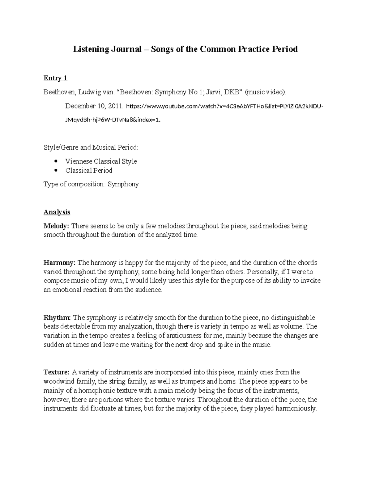 Listening Journal: Songs of the Common Practice Period Analysis - Studocu