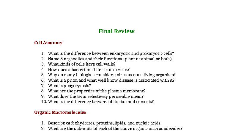 Final Exam Study Guide: Cell Anatomy & Macromolecules (BIO 101) - Studocu