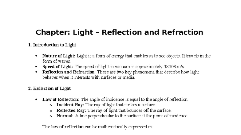 Chapter: Light Reflection and Refraction (PHYS 101) - Studocu