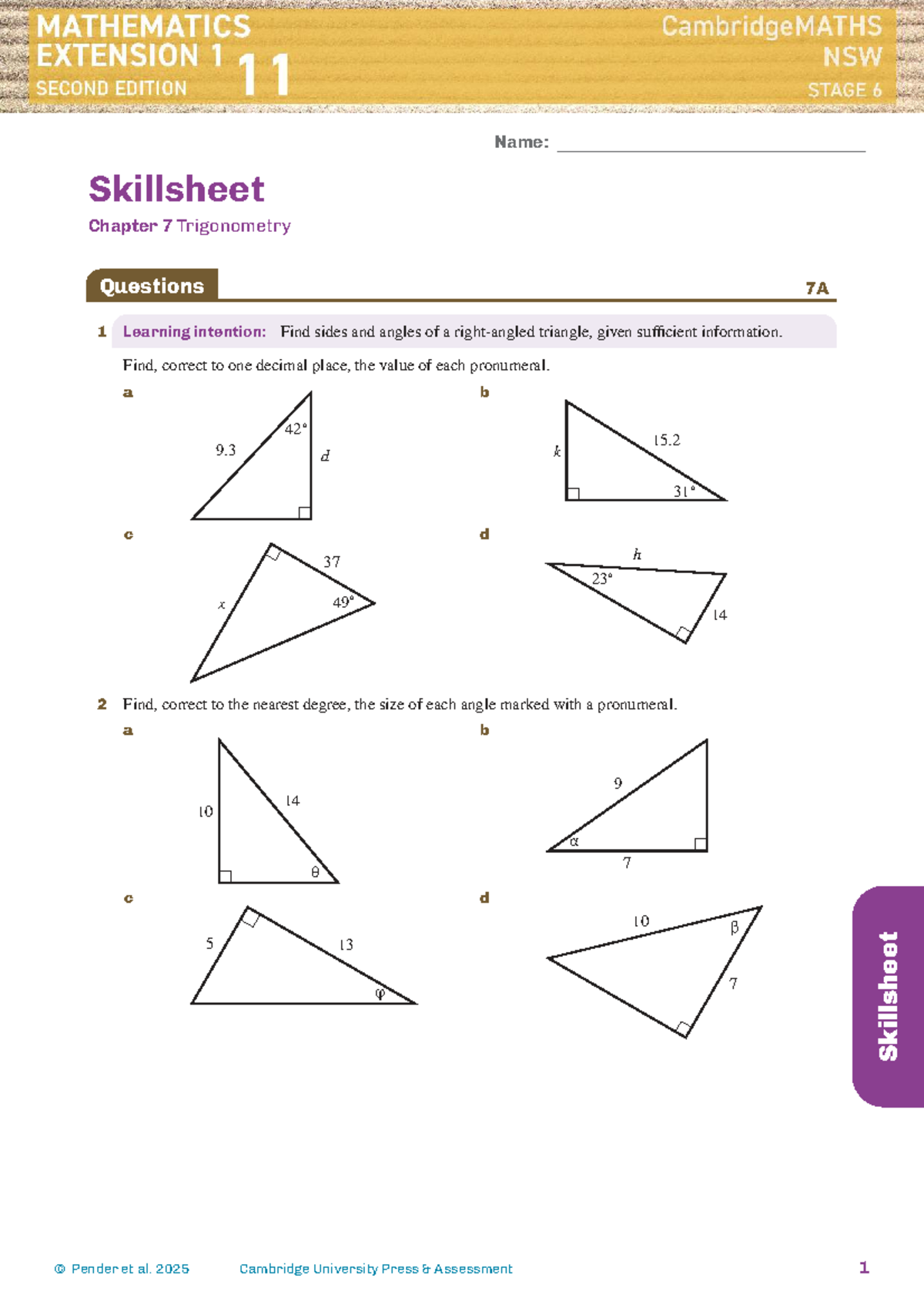 Year 11 Maths Advanced & Ext 1: Trigonometry Revision Skillsheet - Studocu