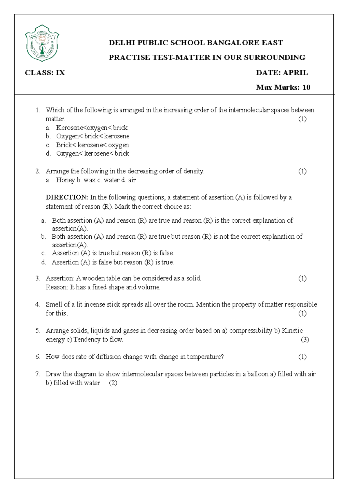 DPS Bangalore East Class IX Chemistry Test 1 QP & AK 2025-26 - Studocu