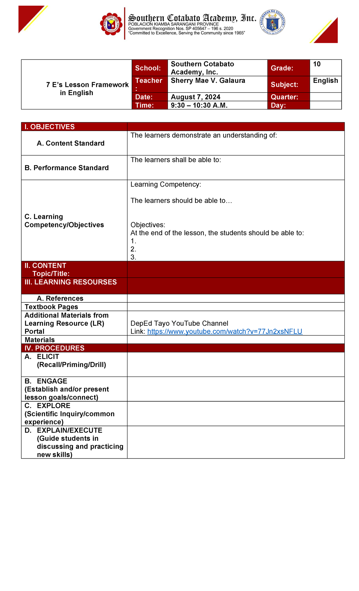 7 E's Lesson Plan Framework for English Class - Grade 10 - Studocu