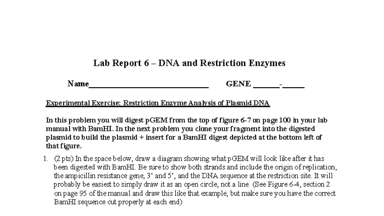 Lab Report 6: Restriction Enzyme Analysis of Plasmid DNA - Spring 25 ...