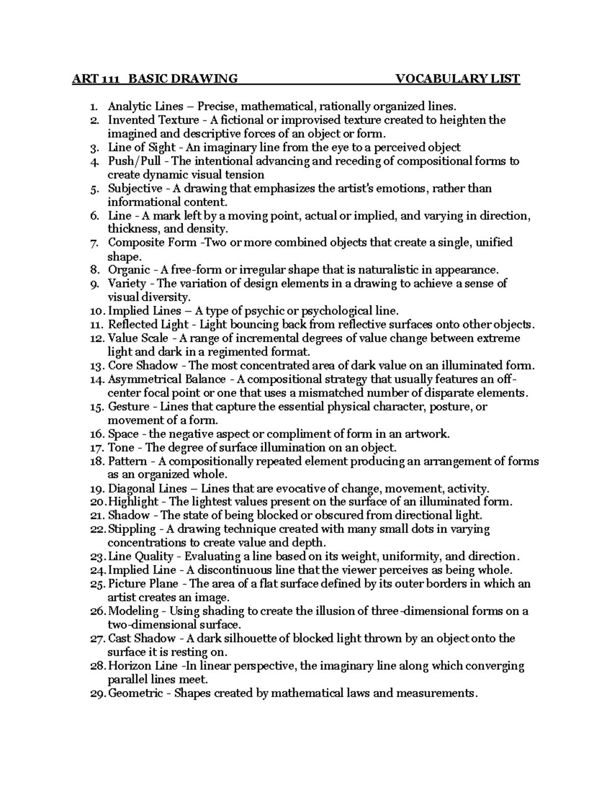 ART 111 Basic Drawing Vocabulary List: Key Terms Explained - Studocu