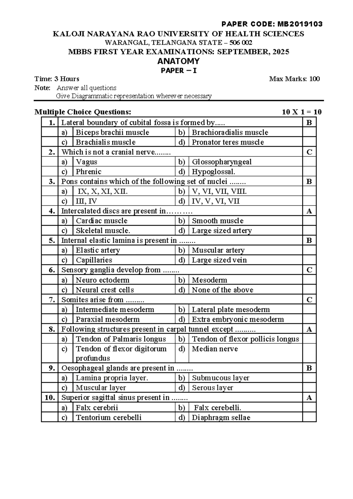 MBBS 1st Year Anatomy Exam Paper I - September 2025 (MB2019103) - Studocu
