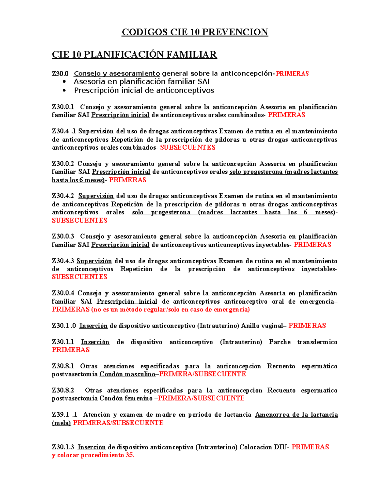 Códigos CIE 10 para Prevención en Salud y Planificación Familiar - Studocu
