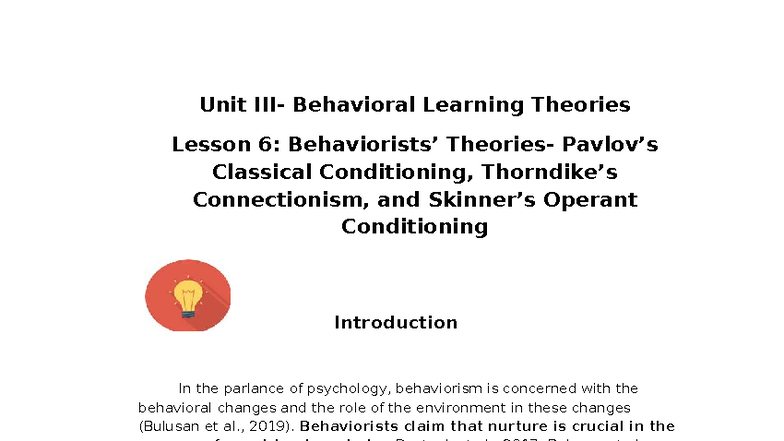 Unit 6: Behavioral Learning Theories - Classical & Operant Conditioning - Studocu