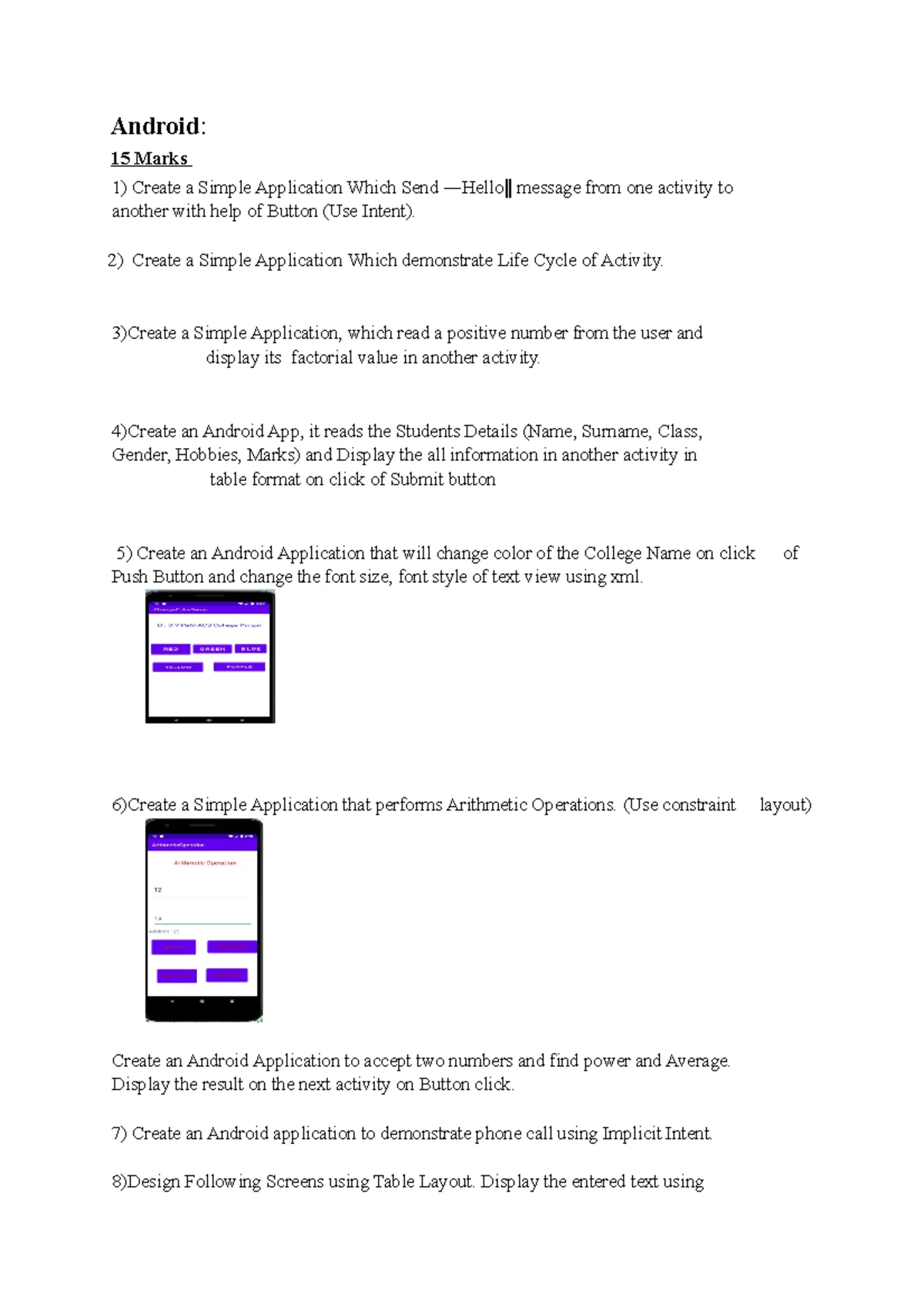 Android Practical Programs - Android : 15 Marks 1) Create a Simple ...