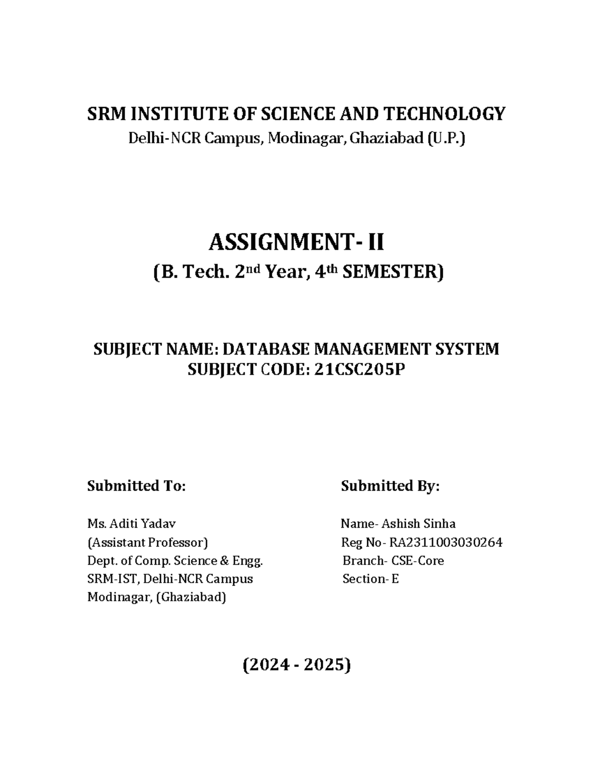 DBMS Assignment-2: Understanding Normalization & Concurrency Control (21CSC205P) - Studocu