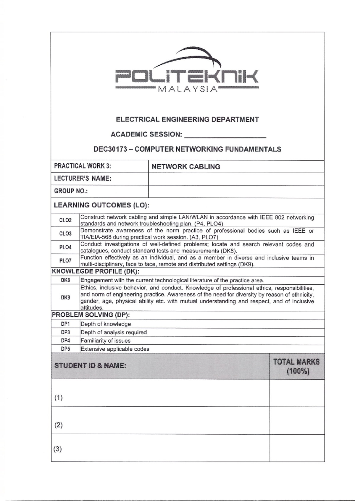 PW3 - Practical Work on Network Cabling for DEC30173 - Studocu