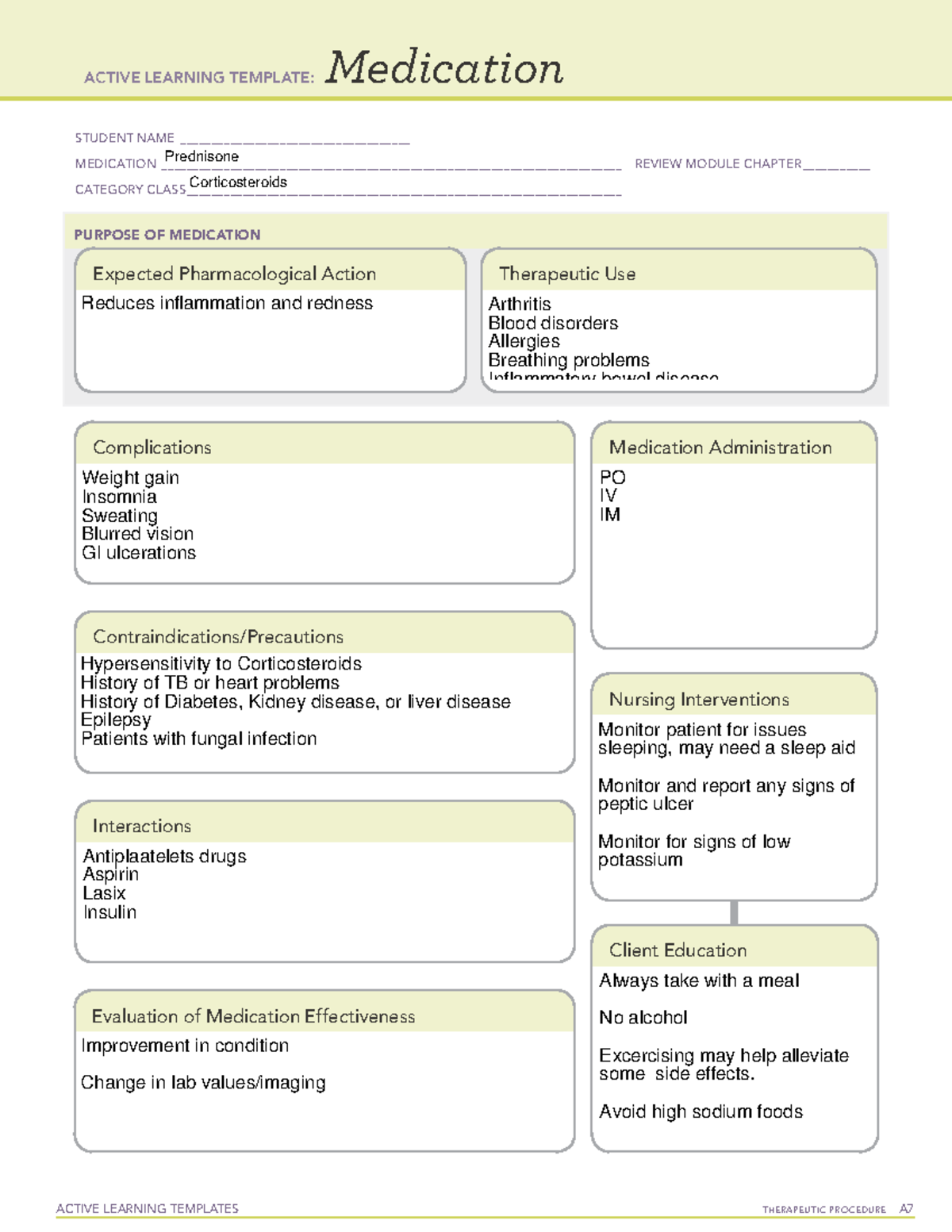 ATI Medication Template: Active Learning for Prednisone Use - Studocu