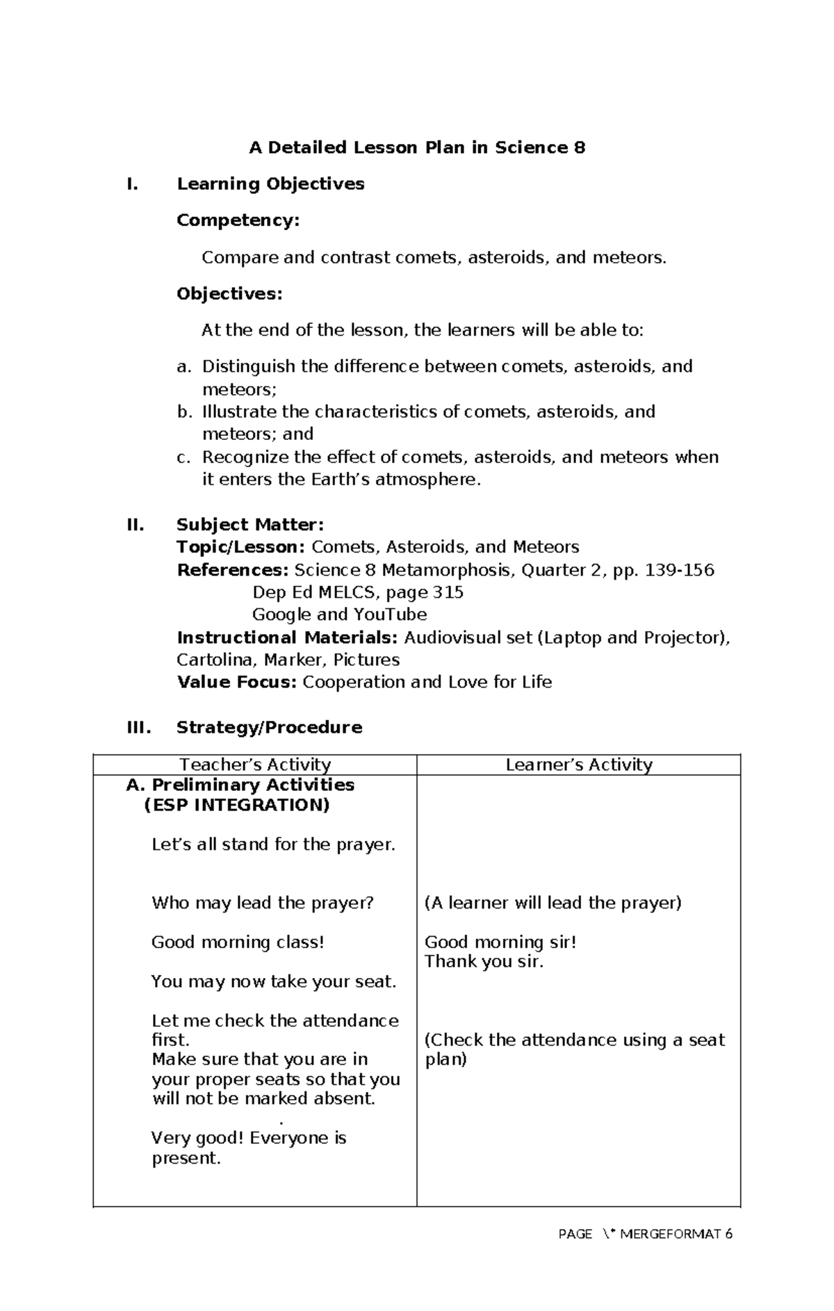 Lesson Plan: Comets, Asteroids, and Meteors for Science 8 - Studocu