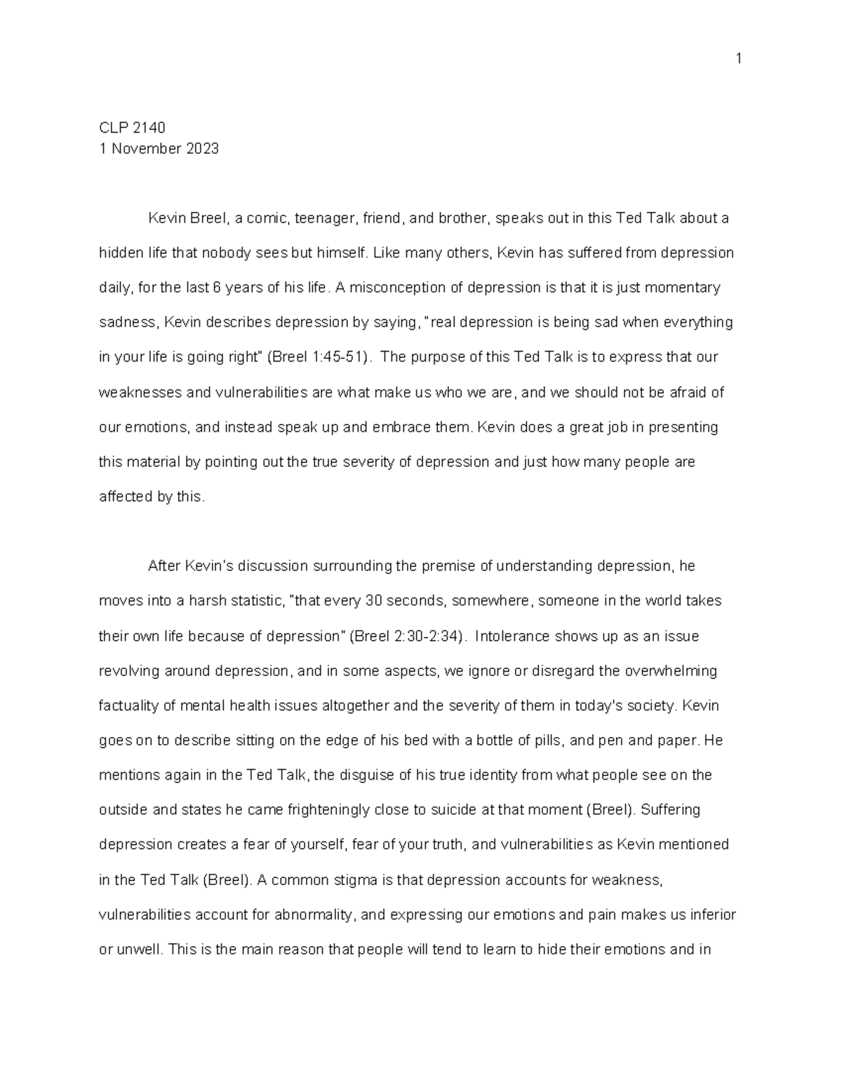 Ted Talk Analysis: Kevin Breel on Depression - CLP 2140 - Studocu