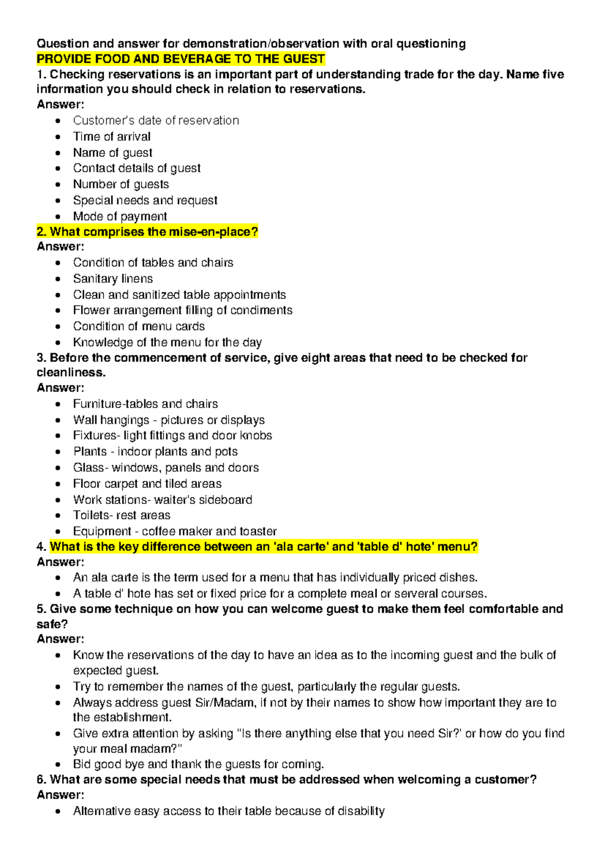 FBS- Sample Questions for Food & Beverage Service Exam - Studocu