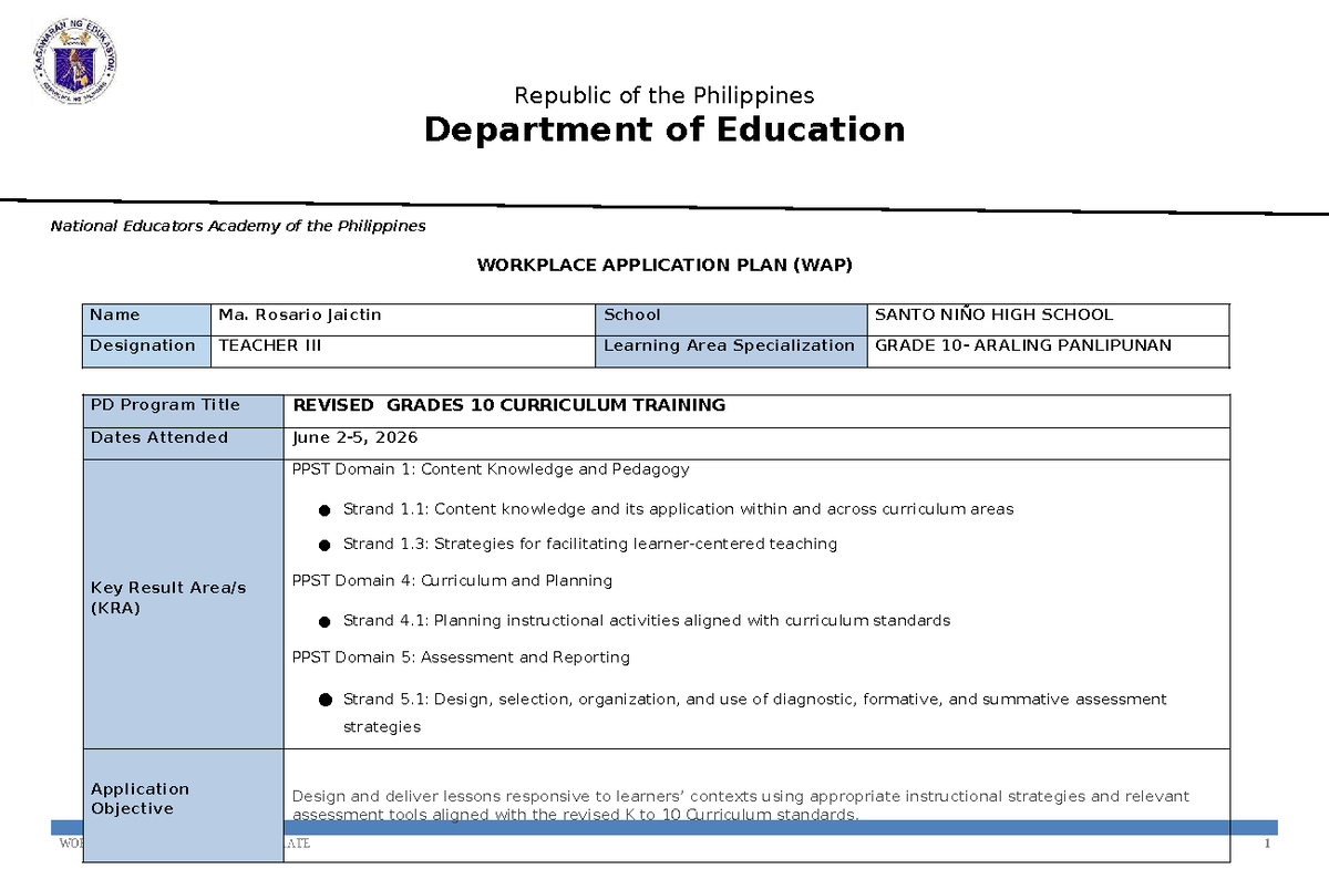 WAP Template for Revised Grades 10 Curriculum Training - Studocu