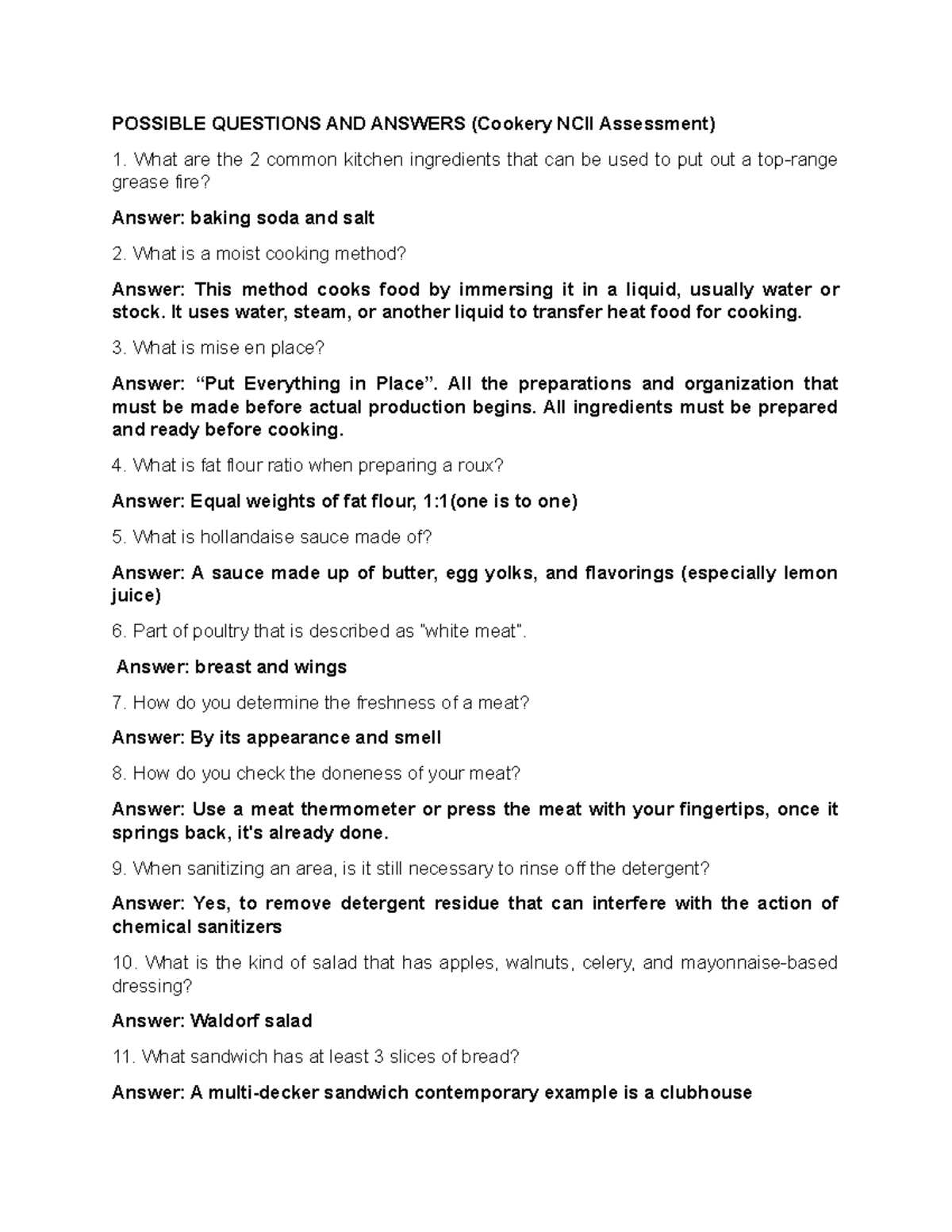 Cookery NCII Oral Assessment: Possible Q&A for Exam Preparation - Studocu