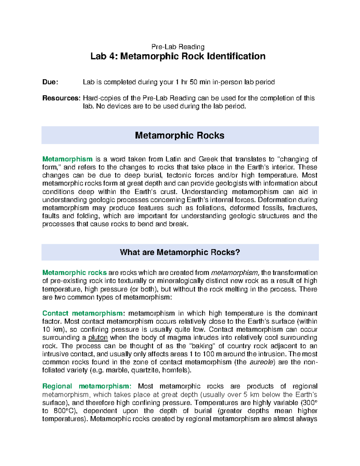 Lab 4 Pre-Lab Reading - How to identify Metamorphic Rocks - Pre-Lab ...