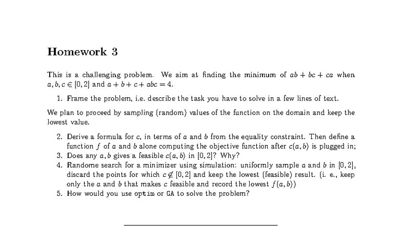 Homework 3: Minimizing ab + bc + ca with Constraints - Studocu