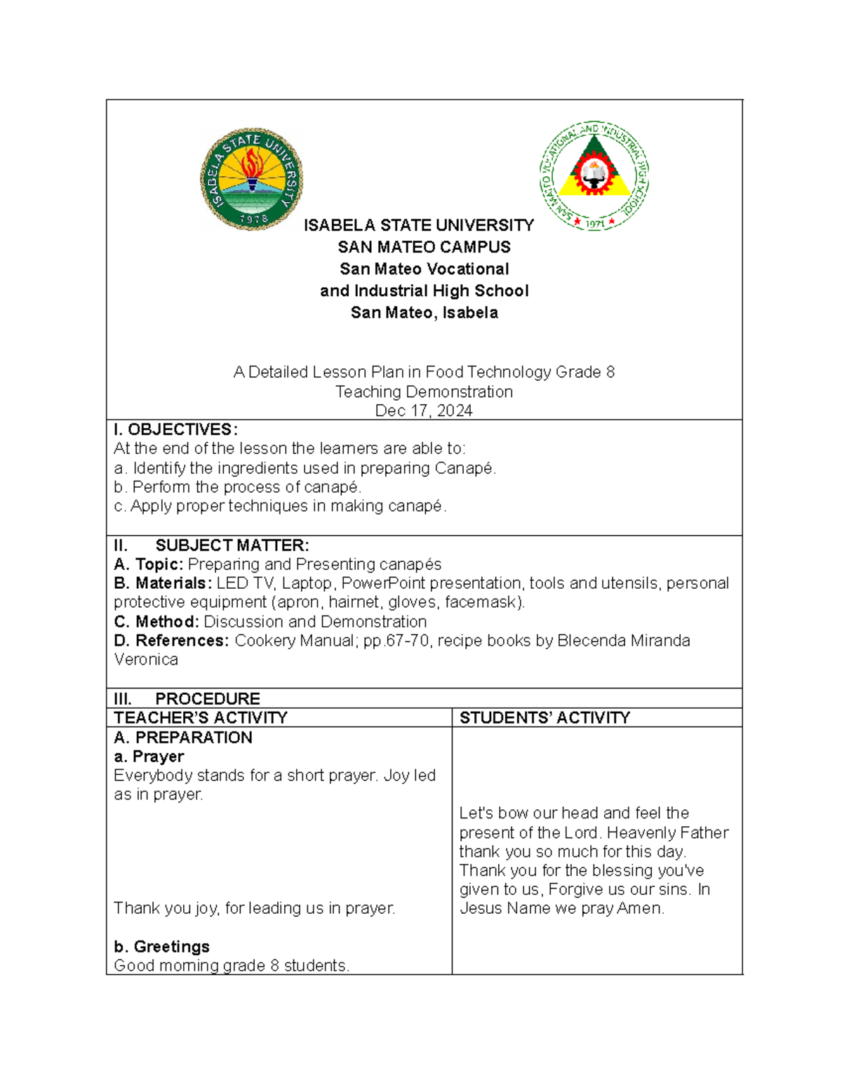 Canape-Lesson-Plan (1) - ISABELA STATE UNIVERSITY SAN MATEO CAMPUS San ...