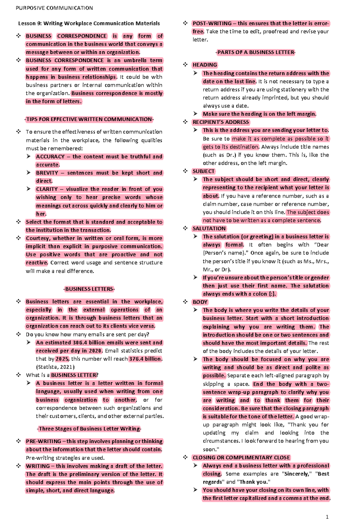 PC Finals Reviewer - Revised - Lesson 9: Writing Workplace Communication Materials BUSINESS ...