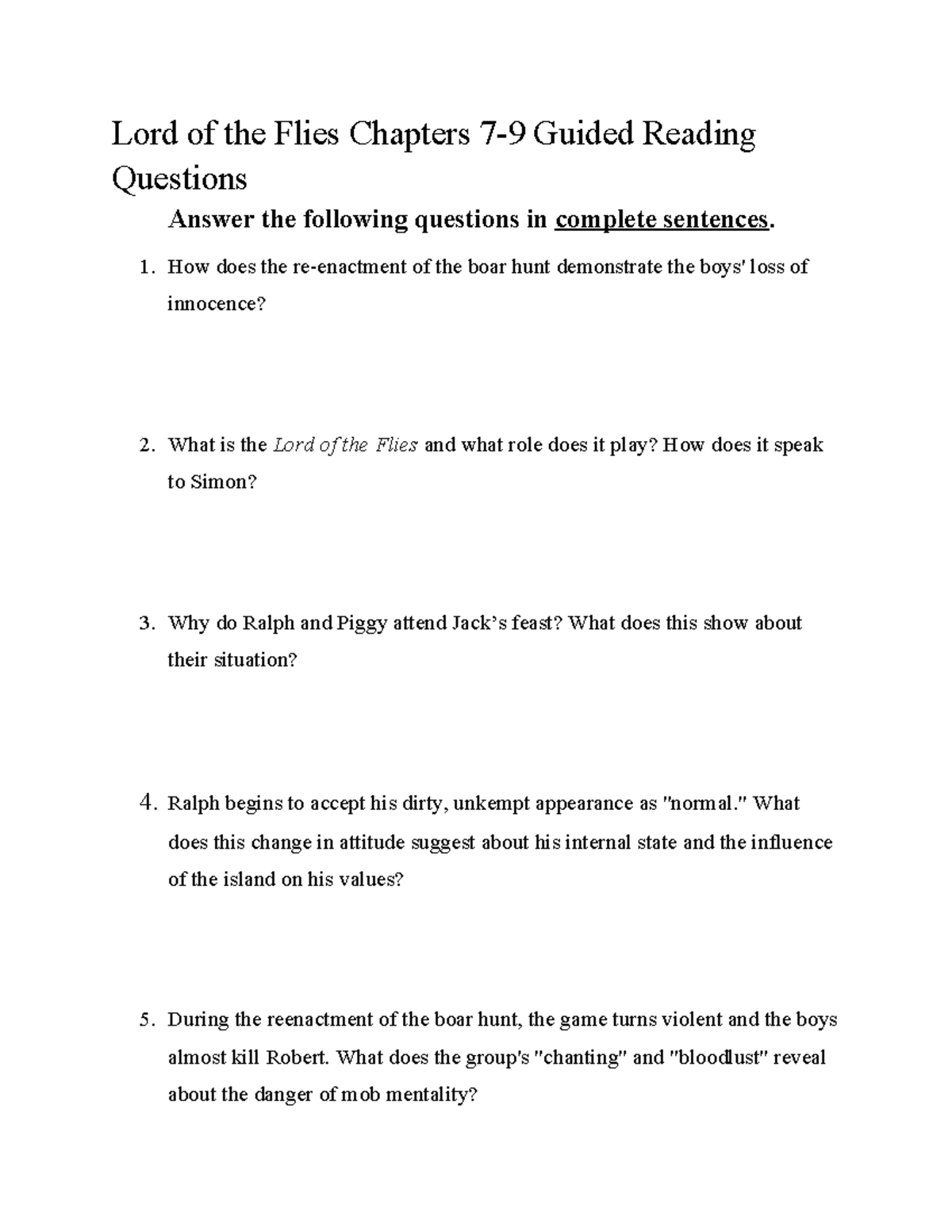 Lord of the Flies (Chapters 7-9) Guided Reading Questions - Studocu