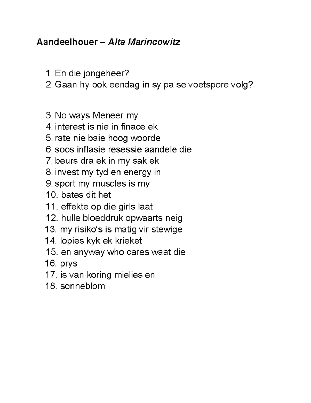 Aandeelhouer - Poëms en Finansiële Perspektiewe - Studocu