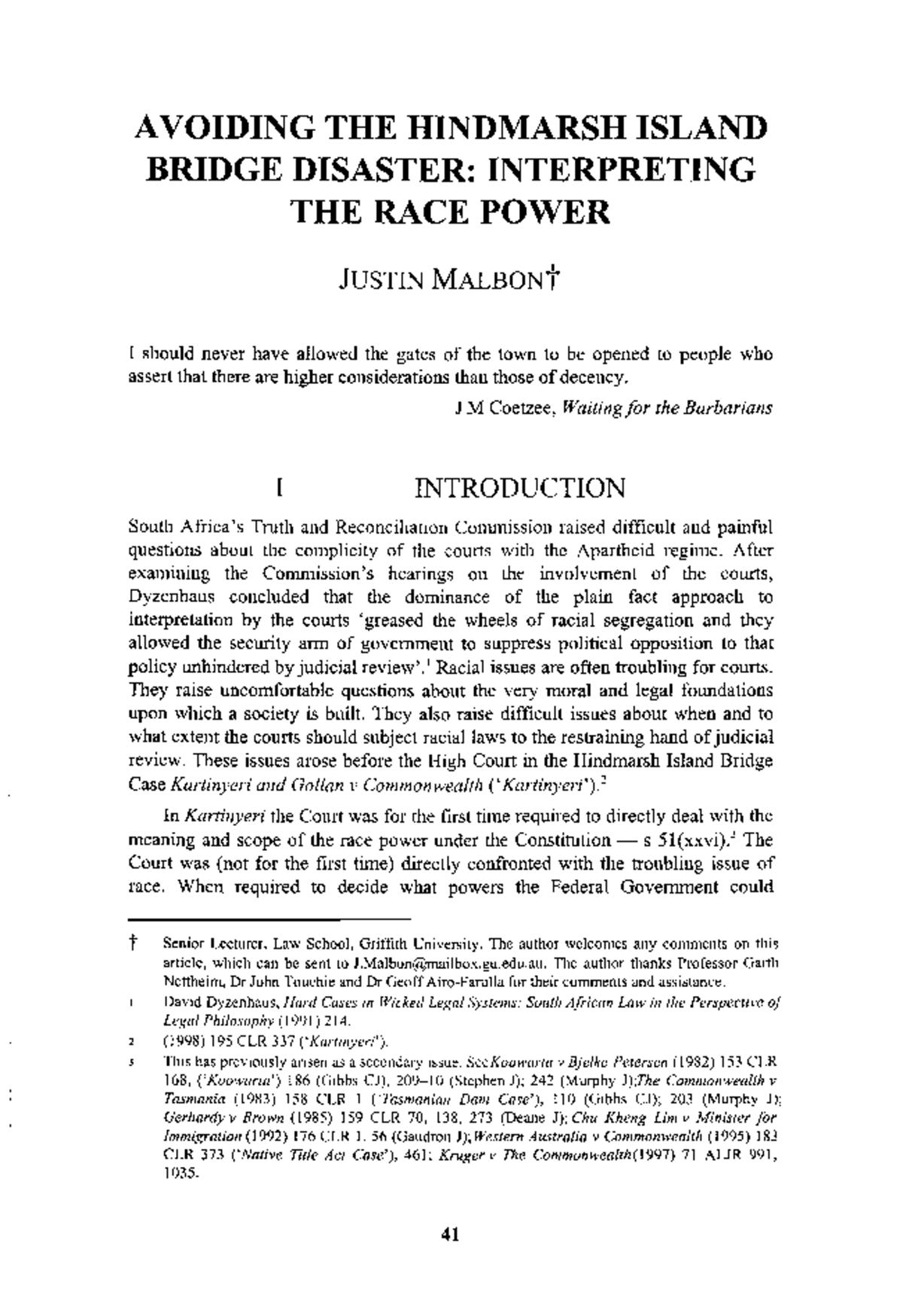 AVOIDING THE HINDMARSH ISLAND BRIDGE DISASTER: RACE POWER ANALYSIS (LAW ...