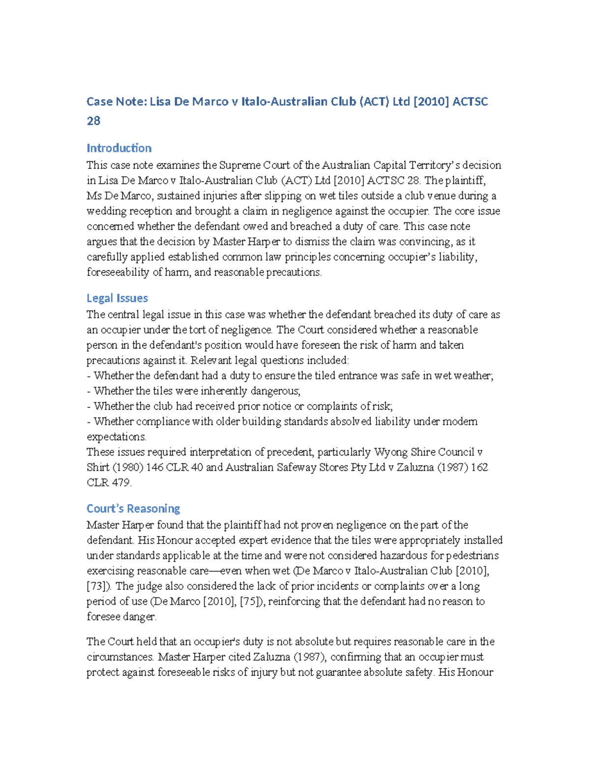 Case Note: De Marco v Club (ACT) Ltd - RMIT Harvard Analysis - Studocu