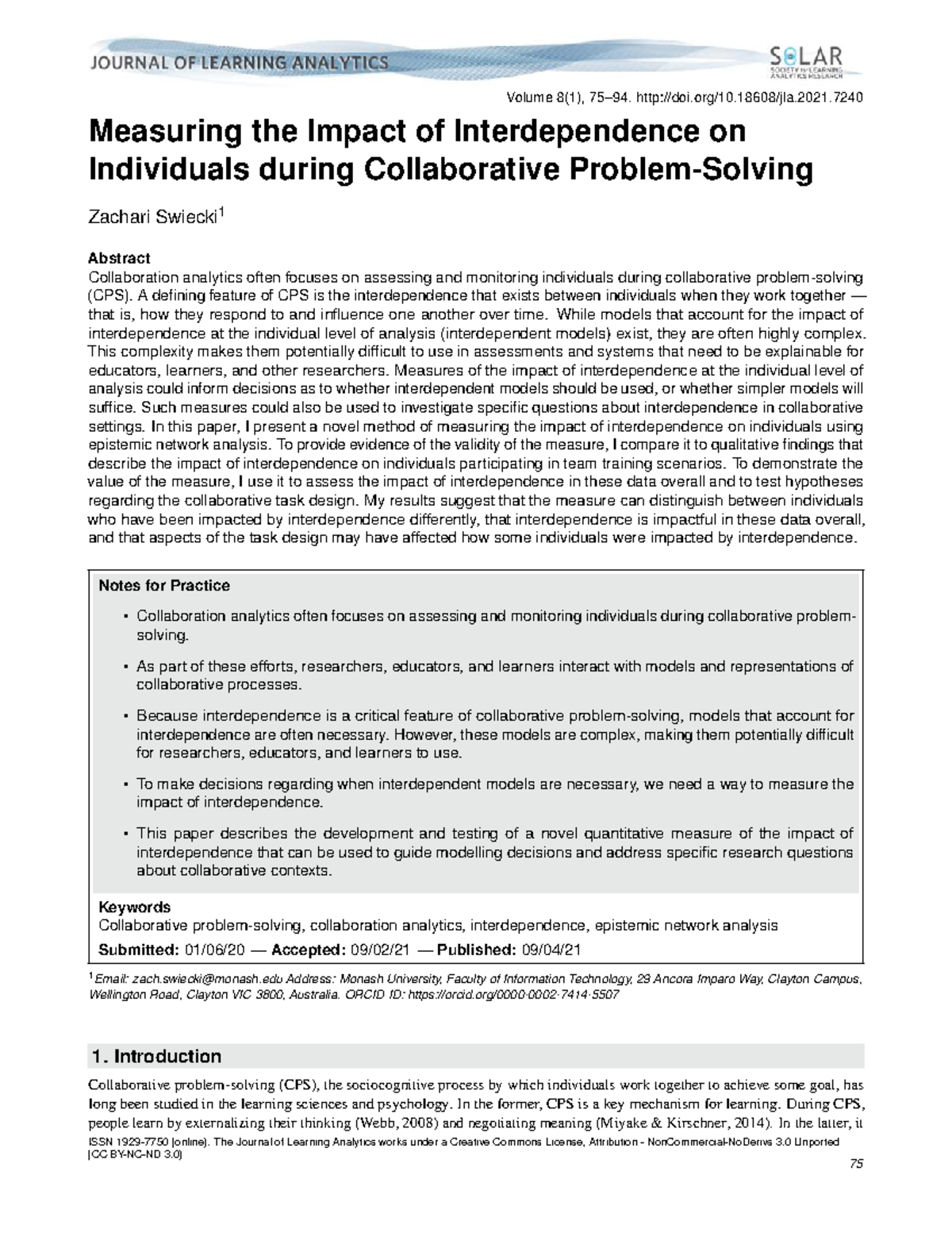 Measuring Individual Impact of Interdependence in Collaborative Problem ...