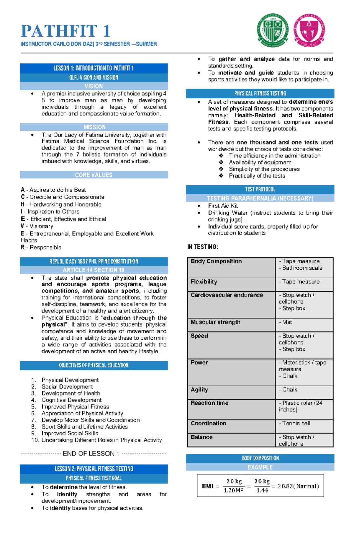 PATHFIT 1 - Summer Term Lesson Overview and Physical Fitness Testing ...