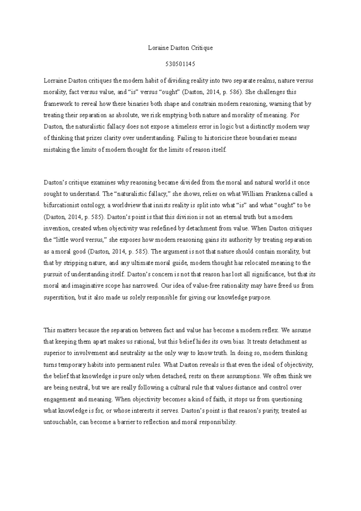 Loraine Daston Critique of the Naturalistic Fallacy 530501145 - Studocu