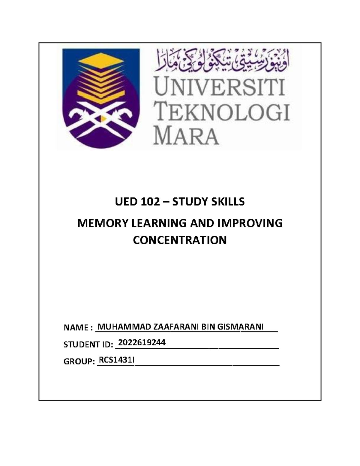 UED 102 Exercise: Memory and Concentration Techniques - Studocu