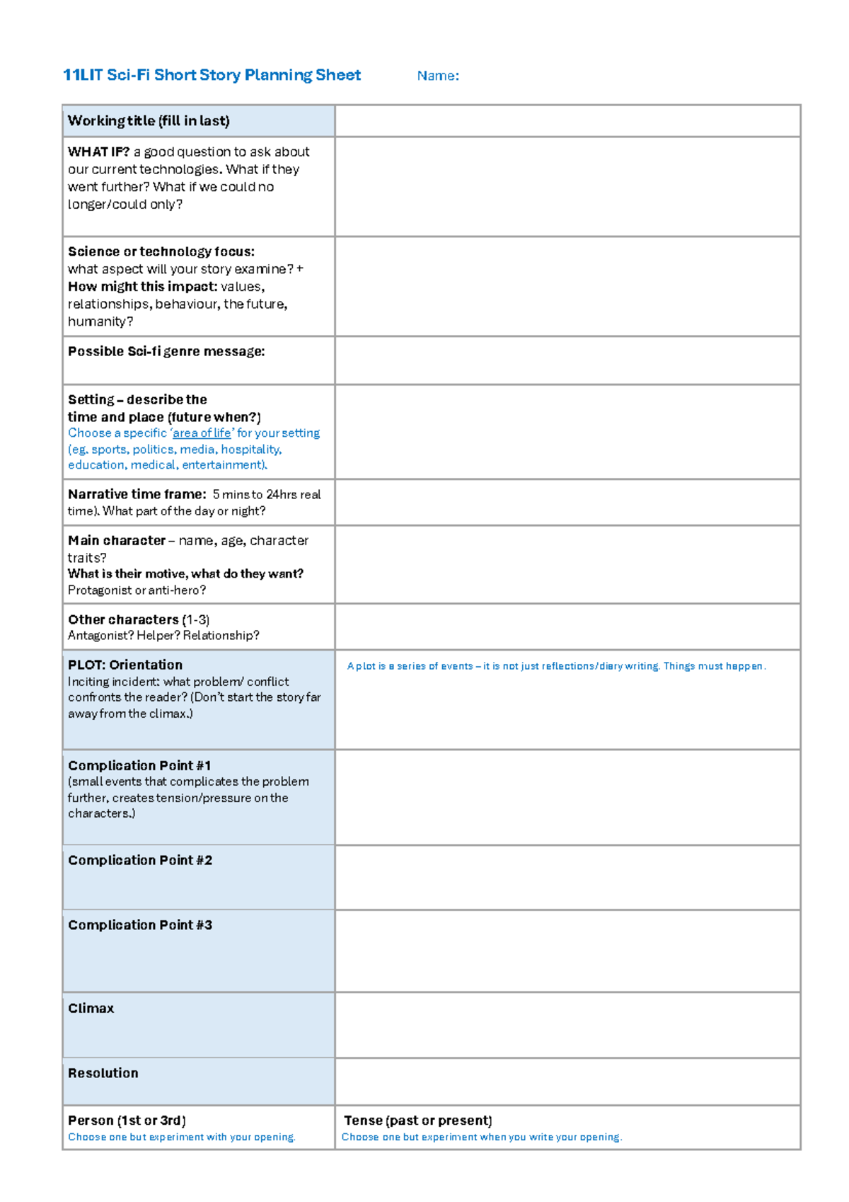 2026 11LIT Short Story Planning Sheet: Sci-Fi Focus - Studocu