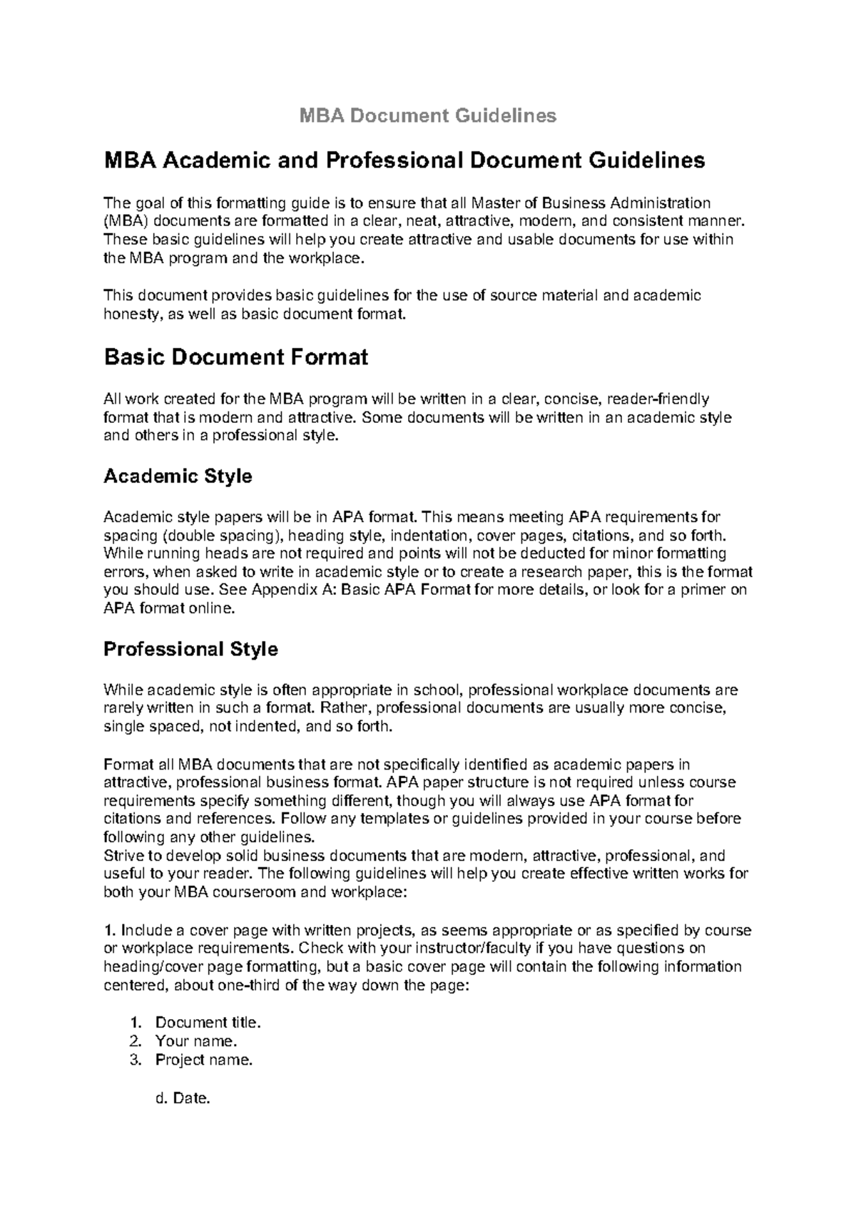 MBA Document Format Guidelines for Academic & Professional Writing ...
