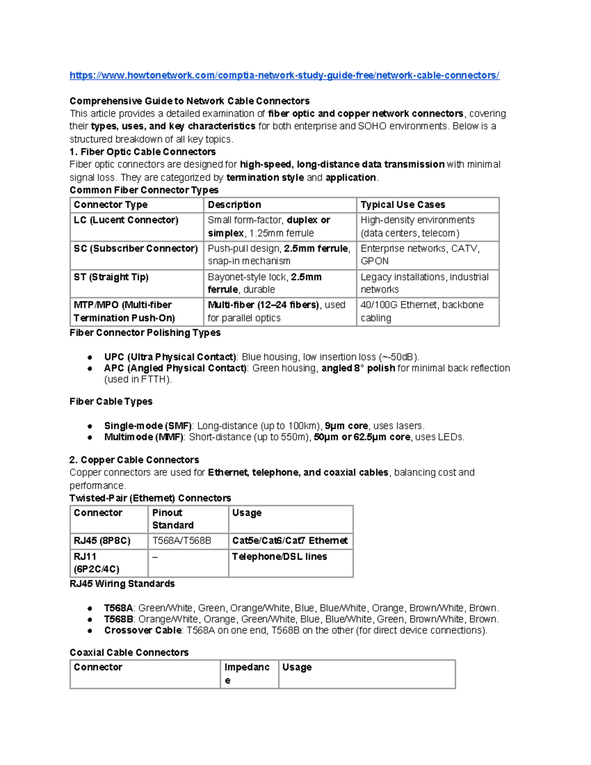 Comprehensive Study Guide to Network Cable Connectors (Course Code: N/A) - - Studocu