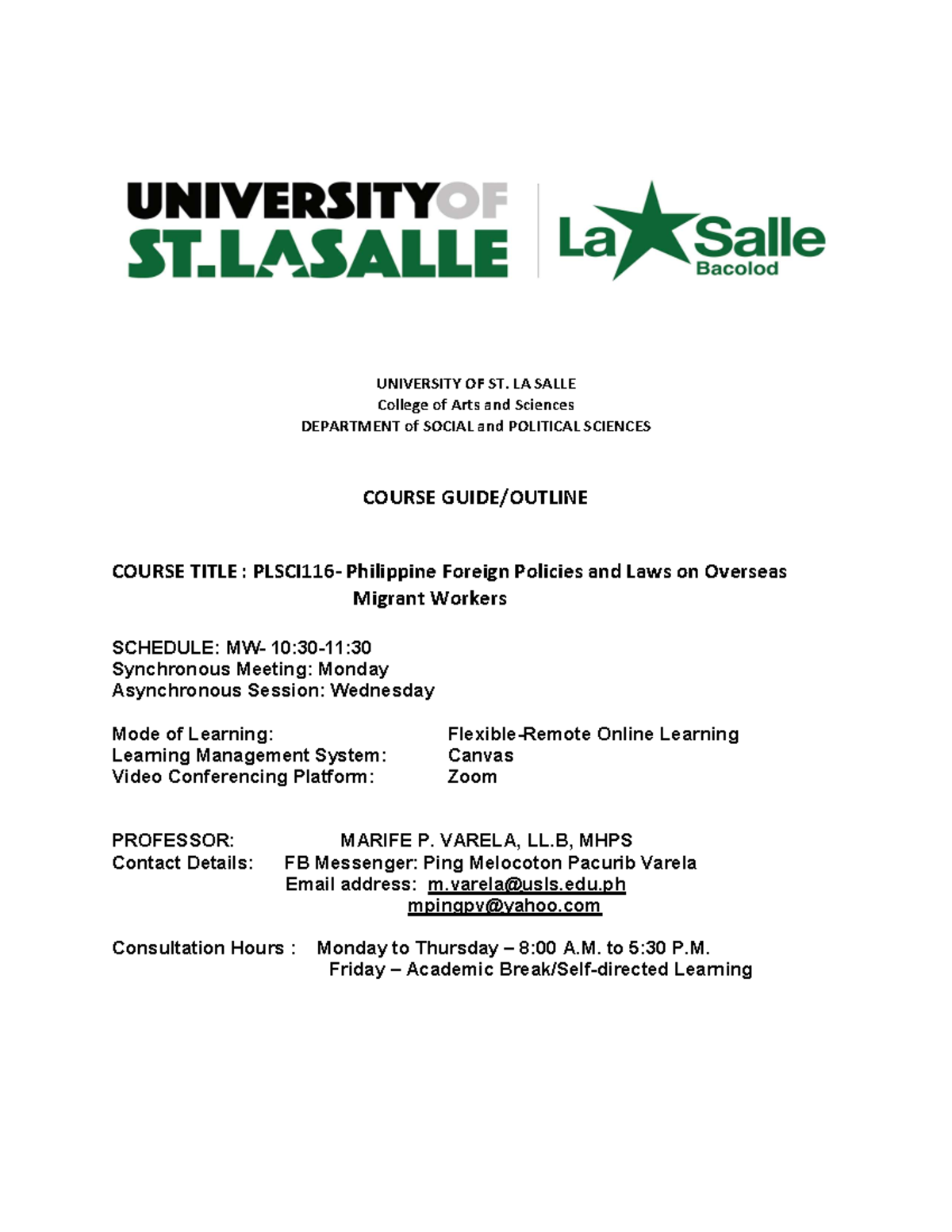 PLSCI116 - Course Outline on Philippine Foreign Policy & OFW Laws - Studocu